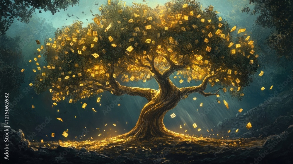 Fantasy Golden Tree with Flying Cards: A Symbol of Knowledge and Wisdom ...