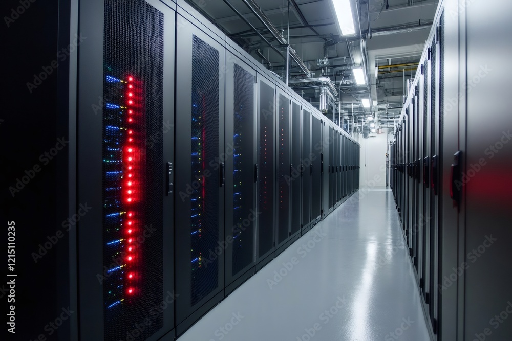 Working server racks with flashing lights illuminating corridor in data center Stock Photo ...