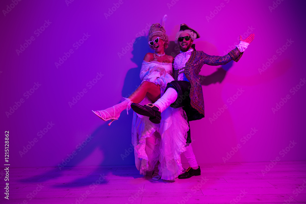 Vibrant themed party with lively guests clad in classic noble-inspired ...