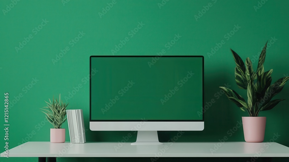Professional workspace with a green desktop background on a large ...