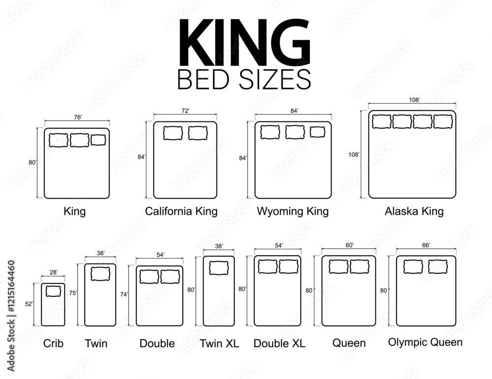 Bed Sizes and Mattress Dimensions . Pictograms depict icons of bed ...