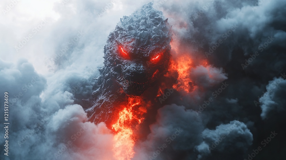 A cinematic shot of Godzilla's head with glowing red eyes, surrounded ...
