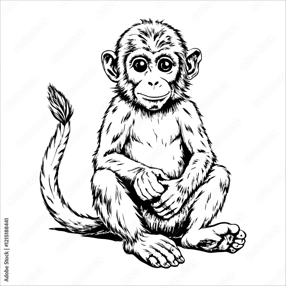 Cute baby monkey is sitting on the ground with its legs crossed Stock ...