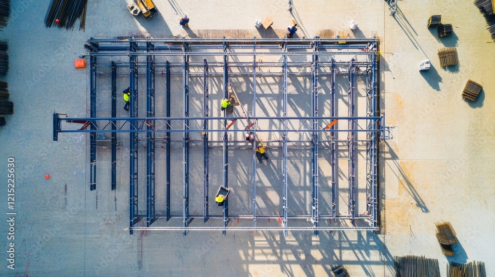 An aerial view of a construction team assembling steel trusses for a ...