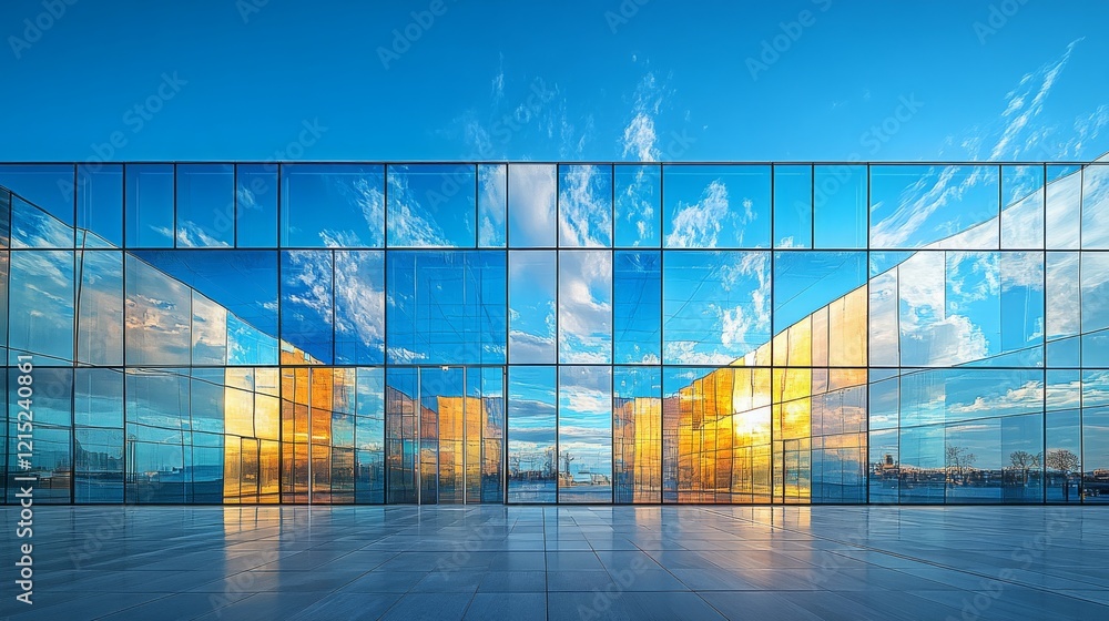 "Photograph of Solar Panels Reflecting on Glass Walls with Power Lines ...