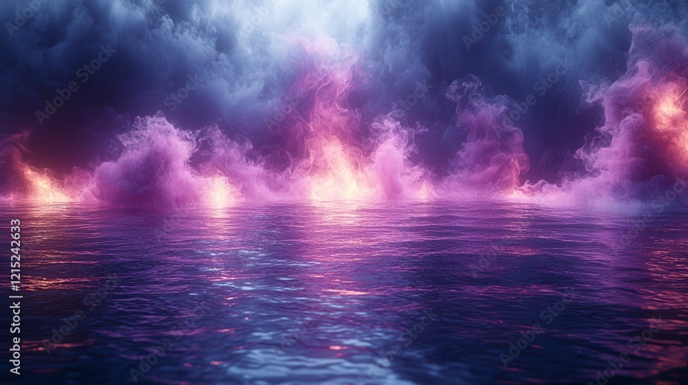 Moody nightscape with purple and pink fire reflections on water under a ...