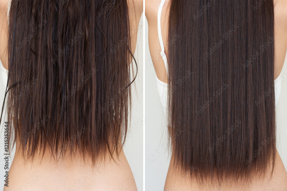 Shot before and after comparison of a young brunette woman with messy ...