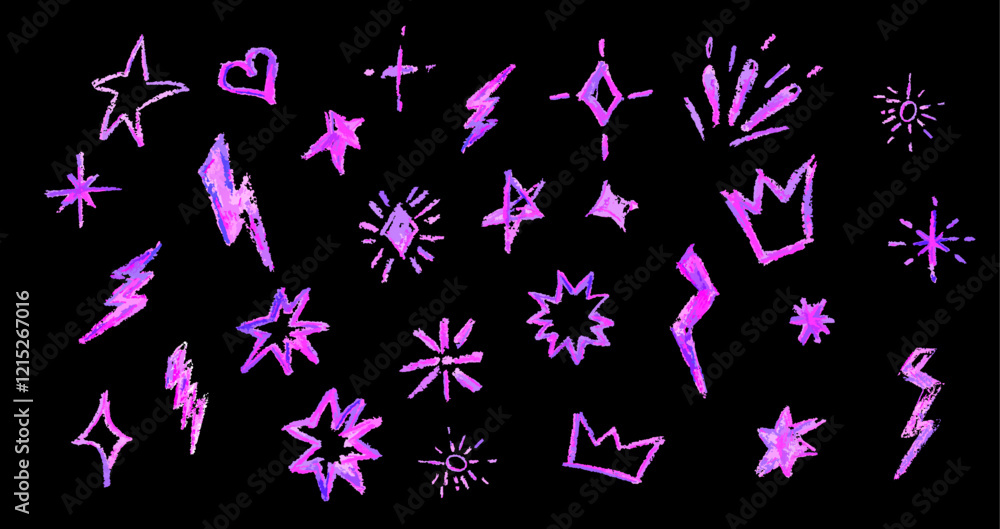 Crayon firecracker stars heart and crown in acid pink color. Collection ...
