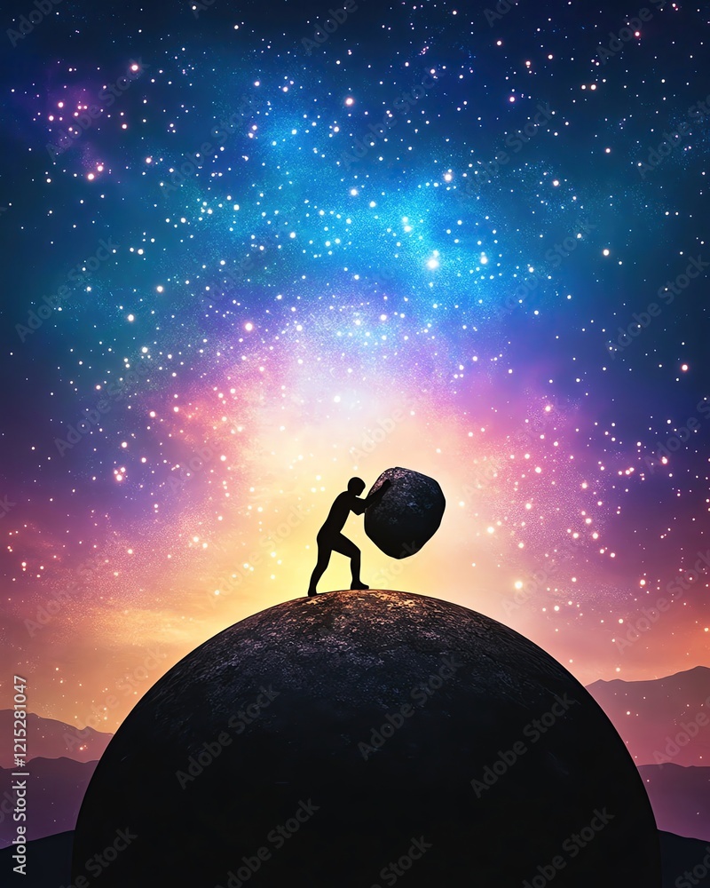 think big to success Person lifting a boulder under a starry sky. Stock ...