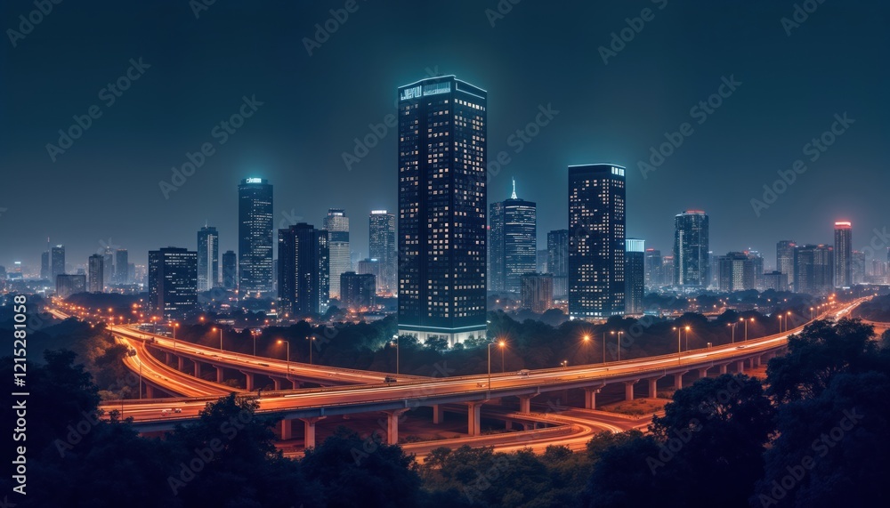 Modern cityscape at night. Bangalore city skyline with high-rise ...