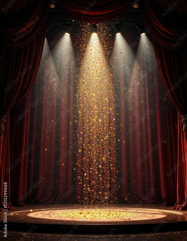 Dramatic theater stage with red velvet curtains and sparkling golden ...