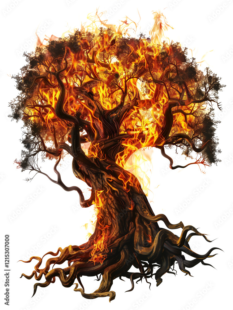 Fiery Tree of Life: Surreal Illustration of a Tree Burning with Intense ...