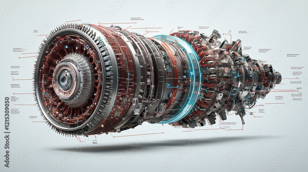 Exploded-view jet engine diagram, engineering design, studio, 3D render ...