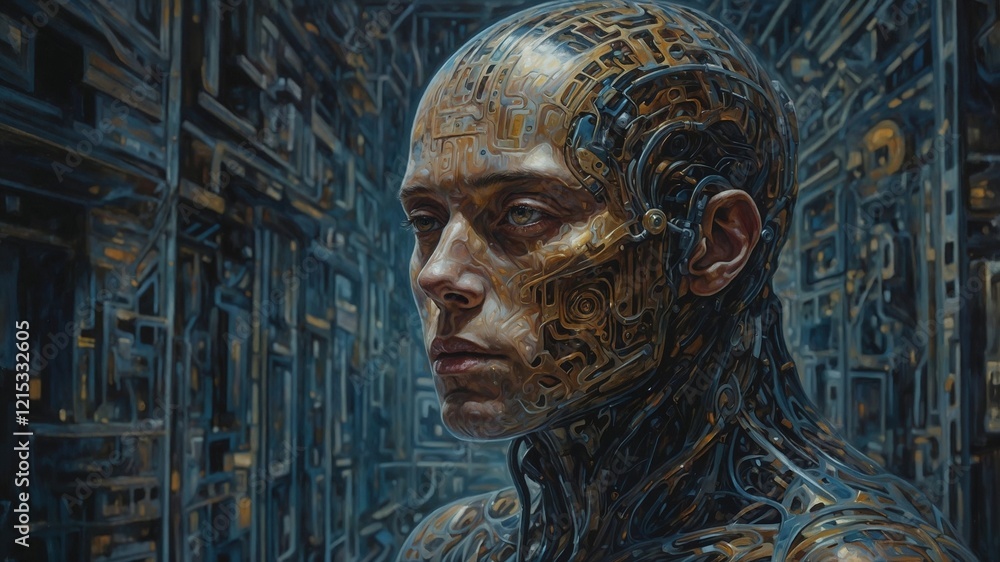 In a dystopian, AI-infused dream sequence captured in an oil painting ...
