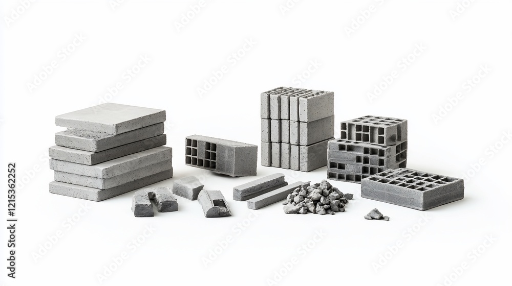 Concrete blocks, bricks, and rubble on white; construction; studio shot ...