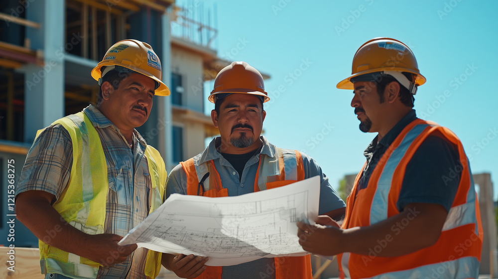copy space, hispanic construction workers looking at blueprints at ...