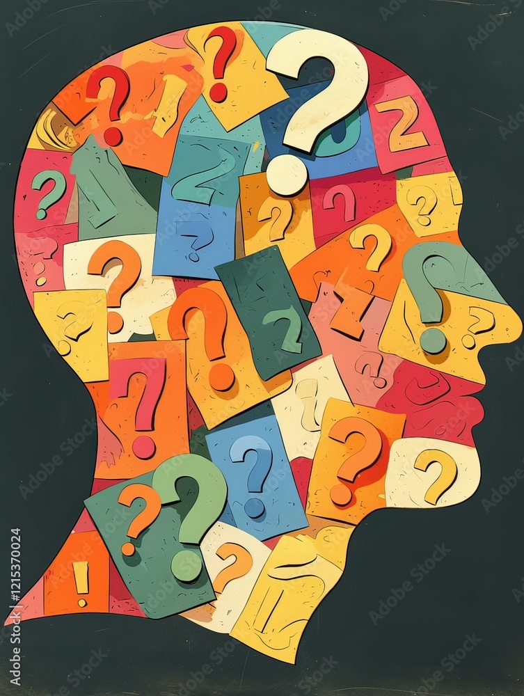 Simple line drawing of an adult head outline with colorful sticky notes ...