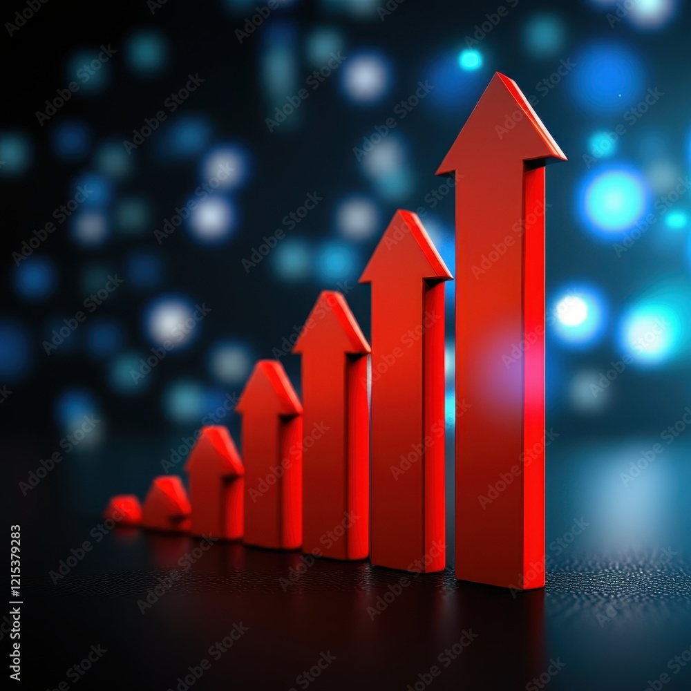 Red arrow graph, upward trend, financial growth, stock market rise ...