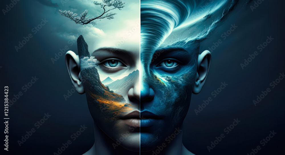 Ilustración de Stock time heals, roots of reflection, man face double ...