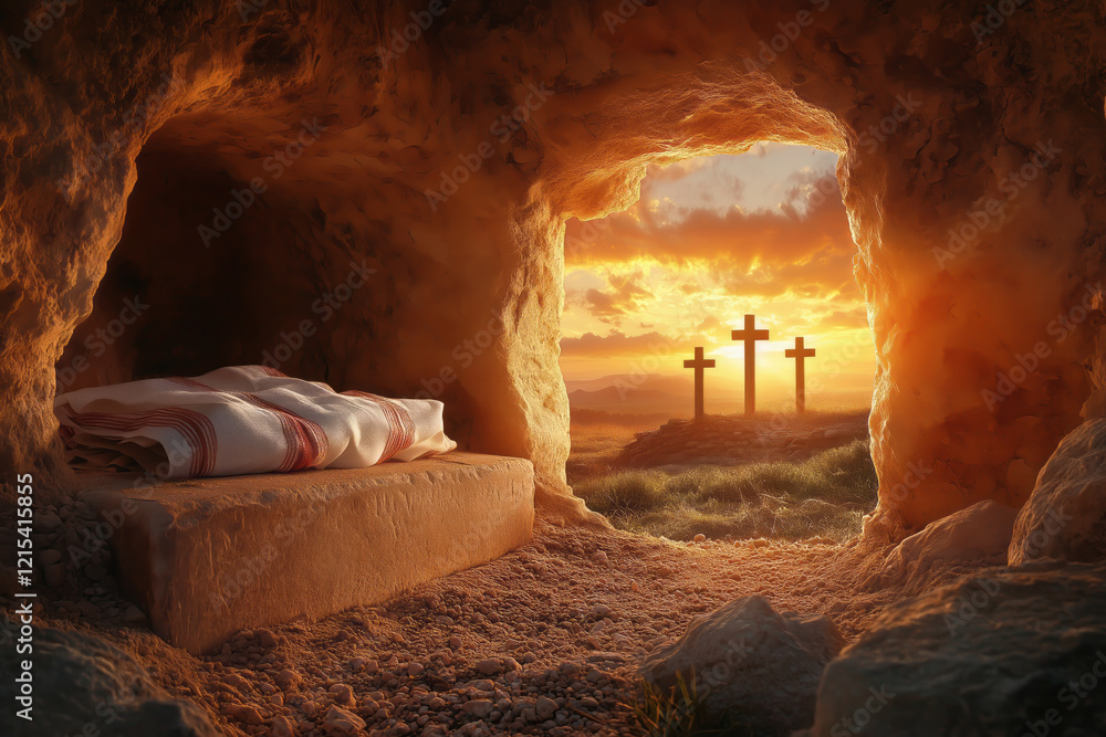 Symbolic representation of Easter morning with a tomb and three crosses ...
