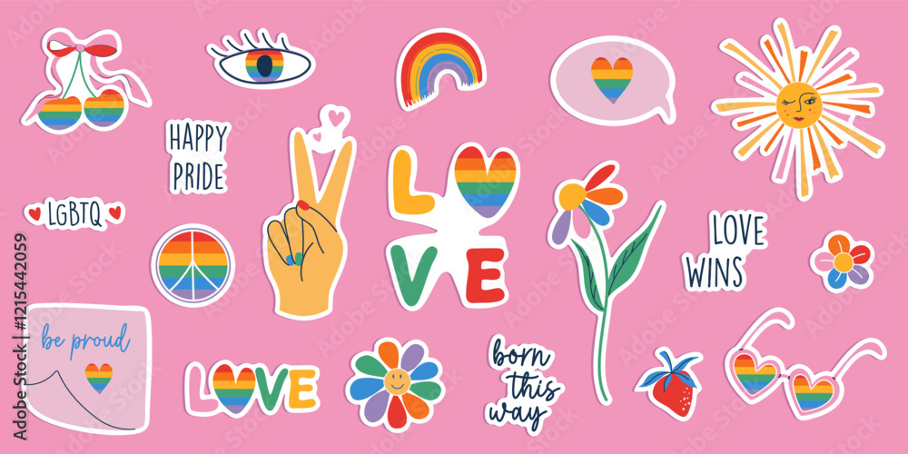 Happy Pride LGBTQ element set. LGBTQ community symbols with groovy ...