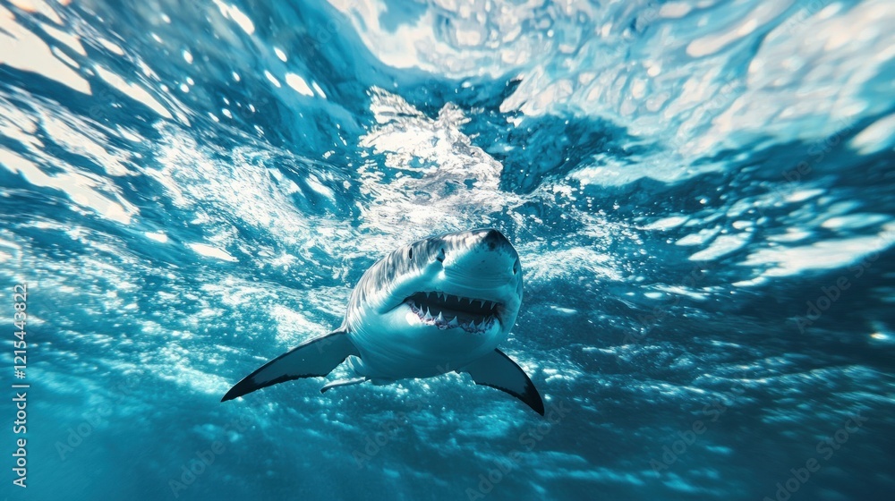 Ocean shark bottom view from below. Open toothy dangerous mouth with ...