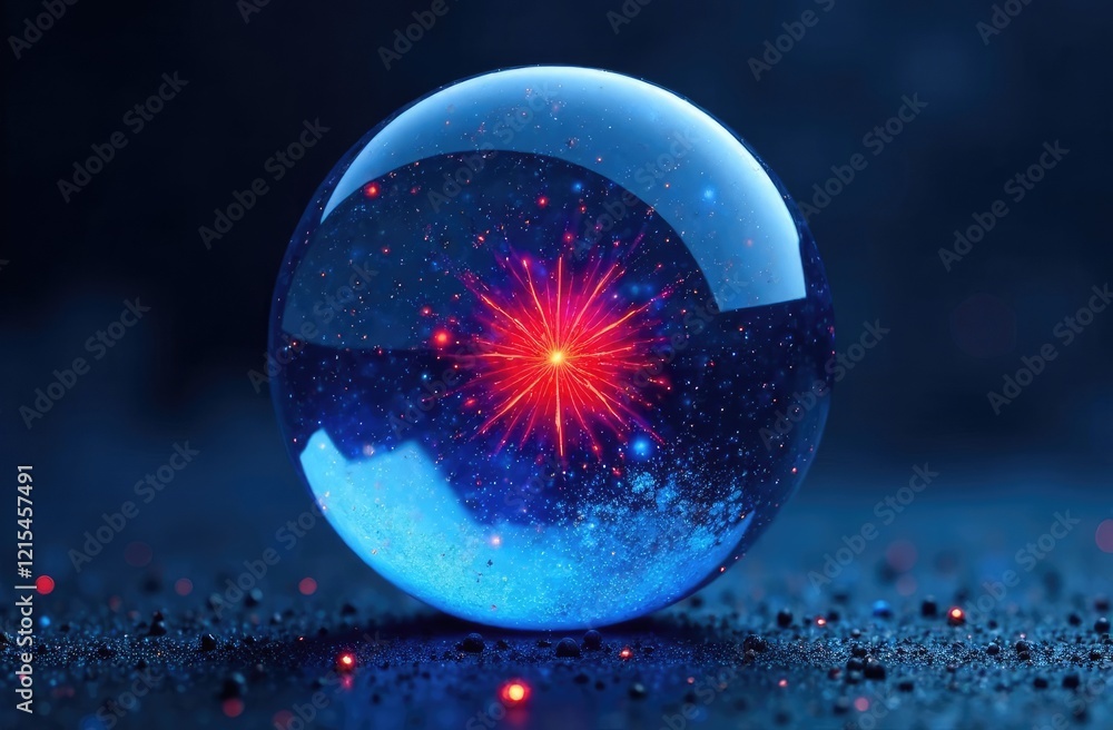 Abstract blue magic ball with a red nucleus. The sphere from which are ...