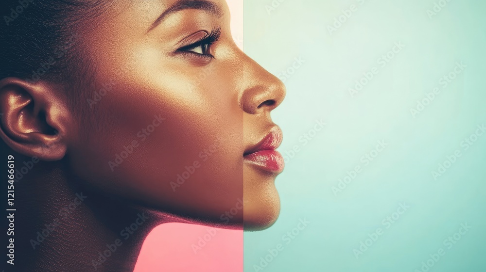 Profile of young Black woman with smooth skin, depicting split color ...