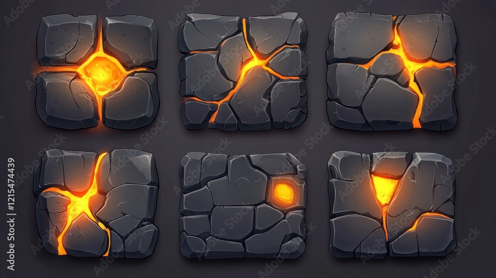 Lava game buttons animation set. Vector cartoon illustration of stone ...