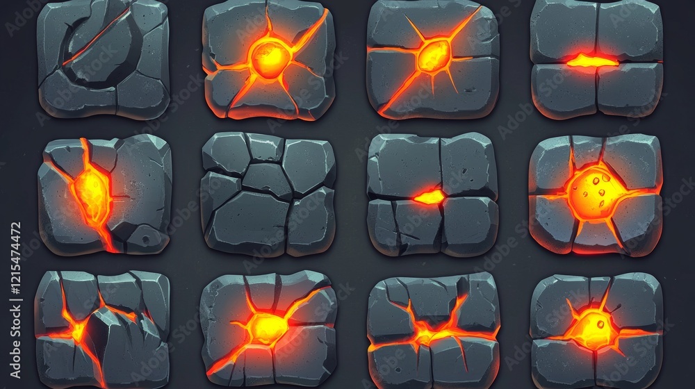 Lava game buttons animation set. Vector cartoon illustration of stone ...
