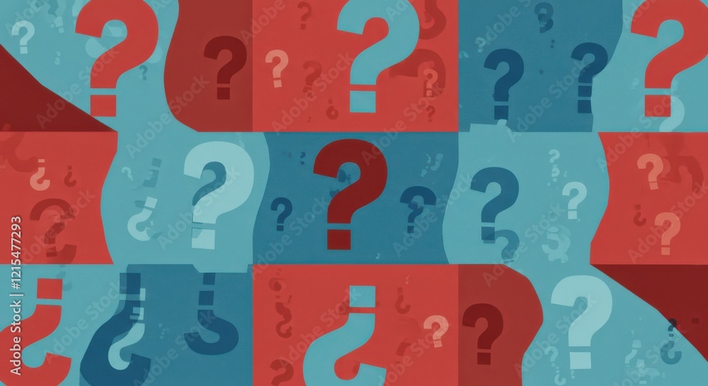 Colorful question marks, geometric pattern, red and blue stripes ...