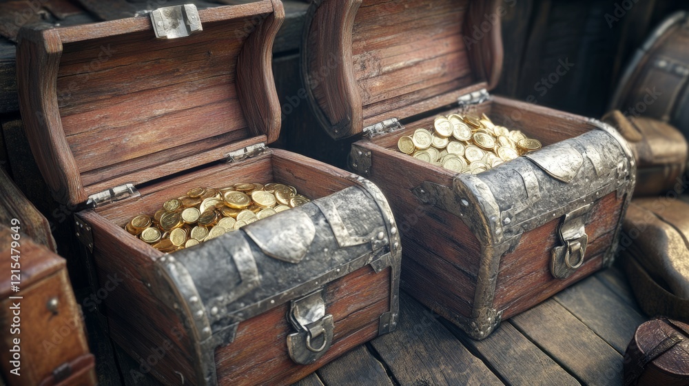 Chests with treasure, empty and full wooden box with golden coins, gem ...