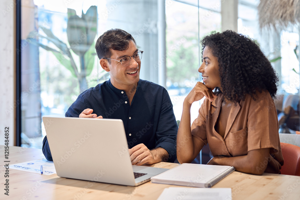 Happy busy African business woman and Hispanic business man talking in ...