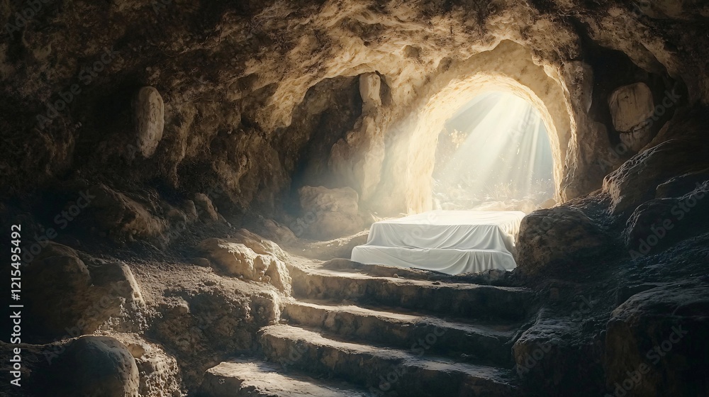Empty tomb with light shining from inside. Resurrection Of Jesus Christ ...