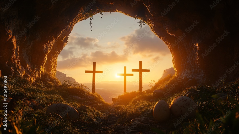 Empty tomb with three crosses on hill at sunrise. Resurrection Of Jesus ...