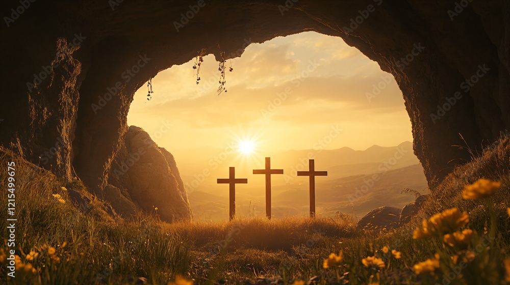 Empty tomb with three crosses on hill at sunrise. Resurrection Of Jesus ...