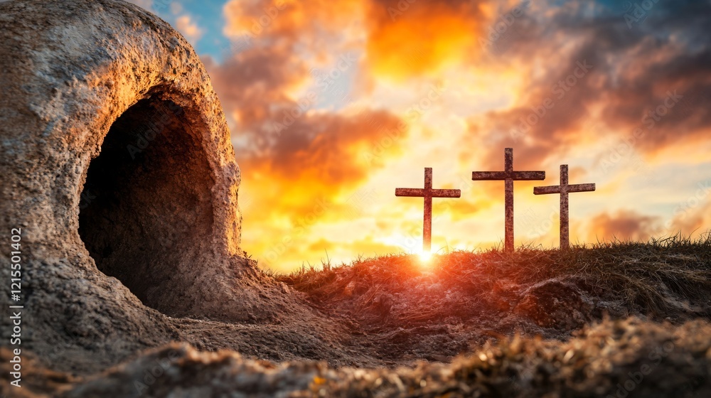 Empty tomb with three crosses on hill at sunrise. Resurrection Of Jesus Christ. Easter, Good ...