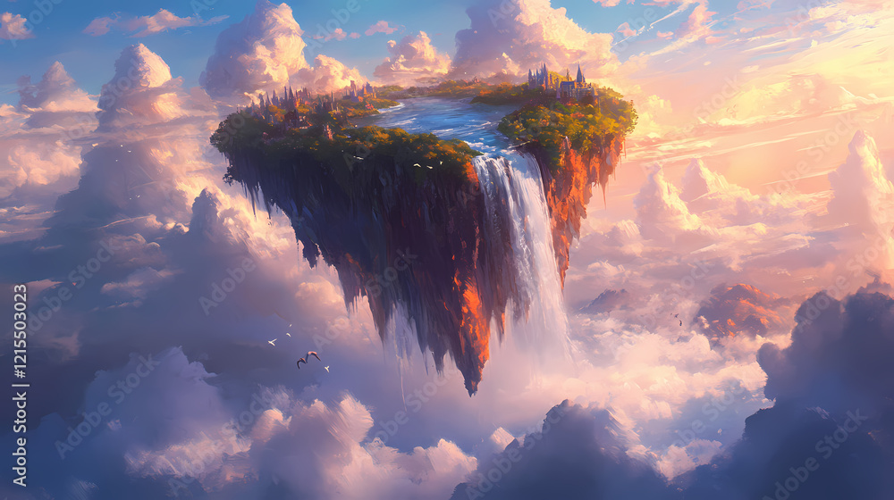 Magical floating island with a waterfall cascading into clouds below ...