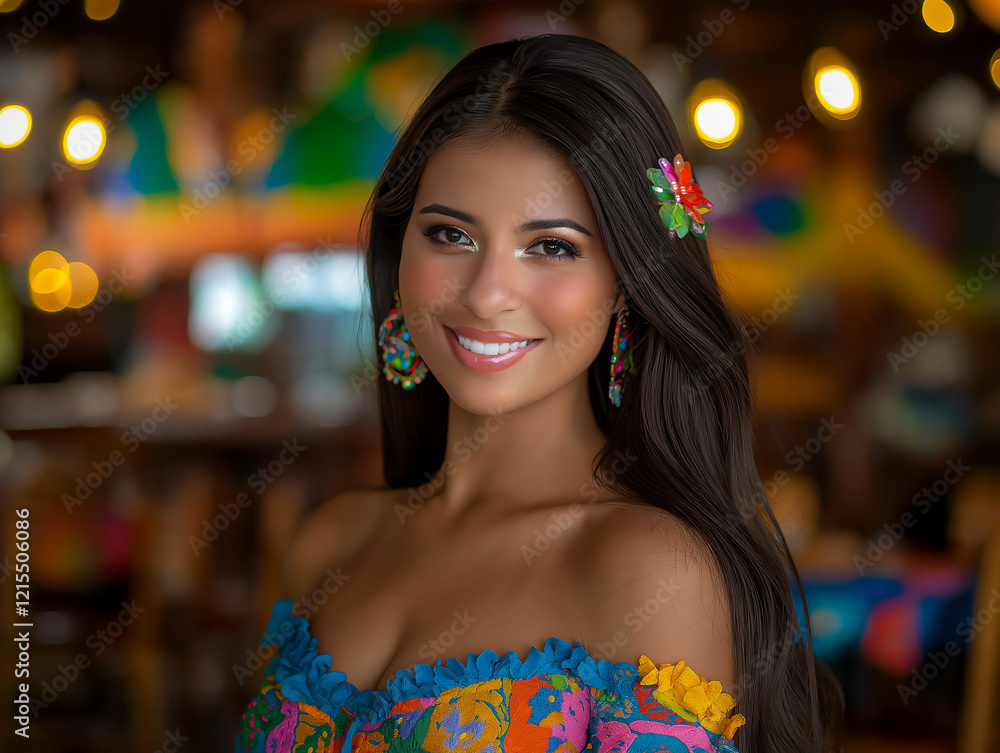Beautiful young Hispanic woman colorfully dressed to celebrate Cinco de ...