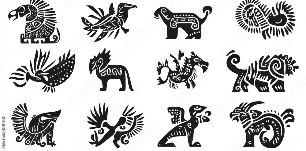 Symbols of Mexican gods. Abstract representations of Aztec and Mayan ...