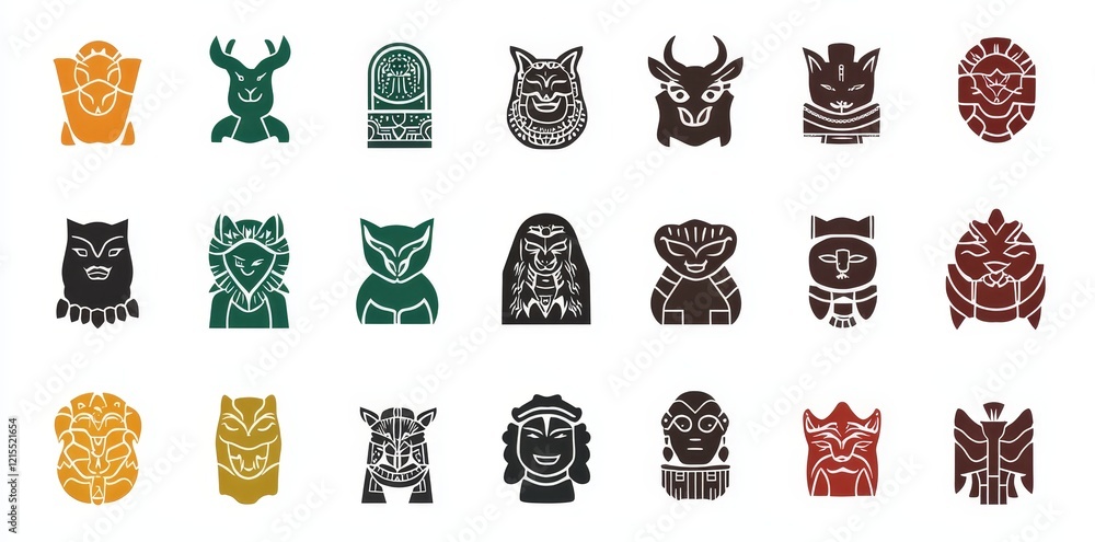Symbols of Mexican deities. Black and vibrant abstract representations ...