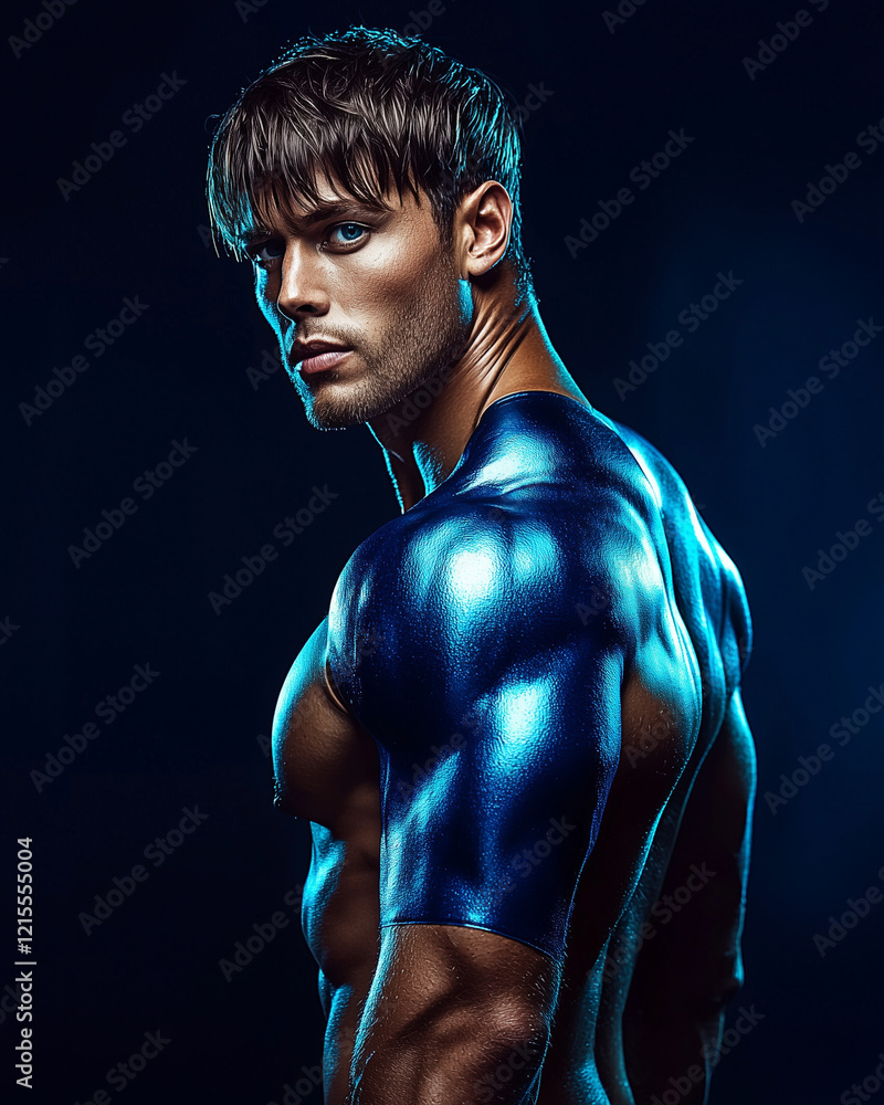 Portrait of a muscular man. Profile view, head turned, looking at the ...