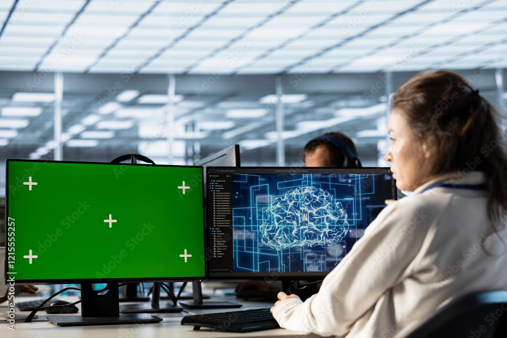 Server hub worker working on green screen computer, using AI to process data. IT programmer at ...