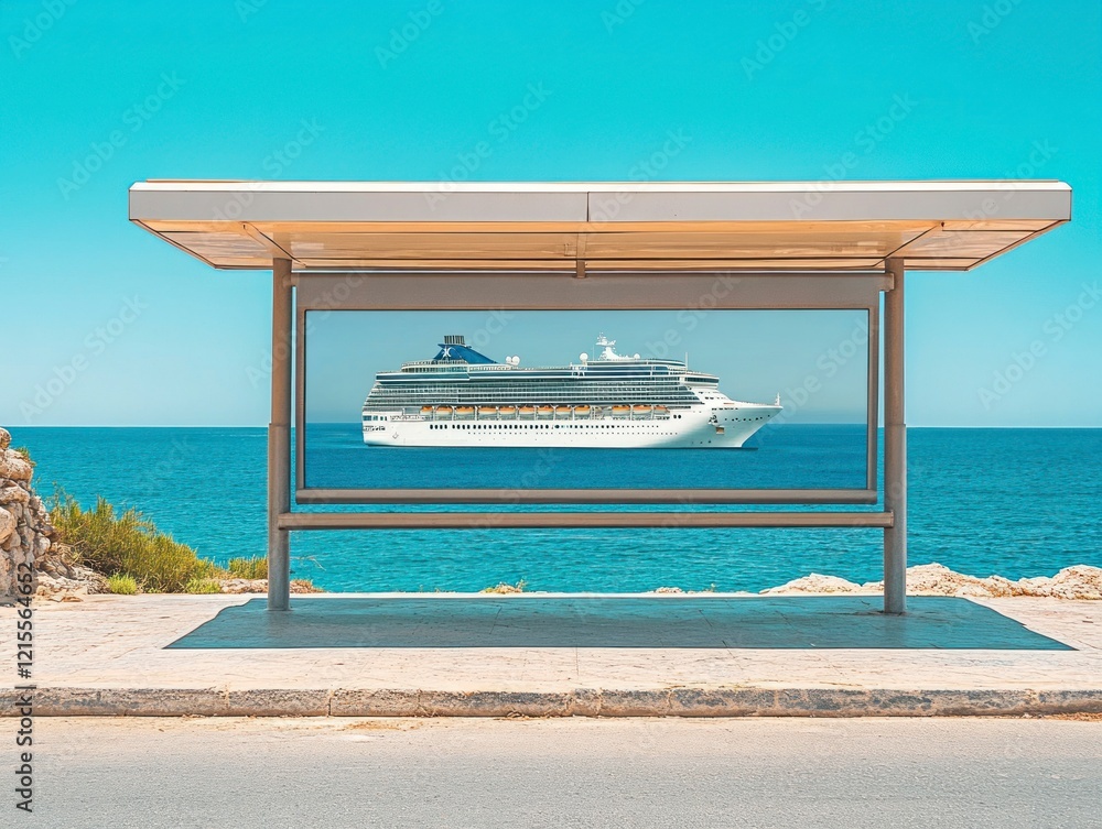 Cruise ship docking at coastal viewpoint bus stop setting scenic ocean ...