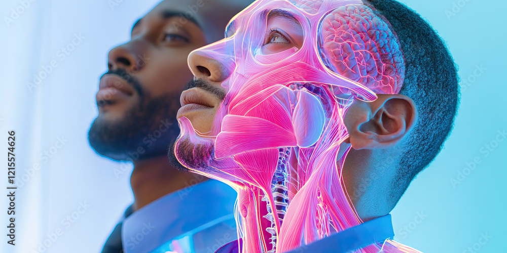 Human Head and Neck Muscle and Skeletal Anatomy Overlay on Two Men's ...
