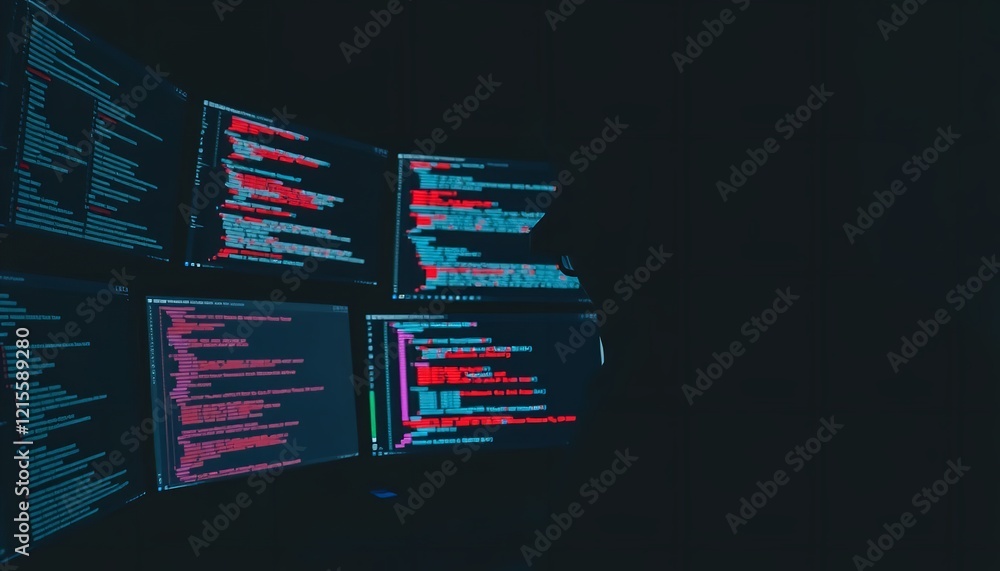 Multiple Monitors Displaying Programming Code Lines of Software Development Digital Technology ...