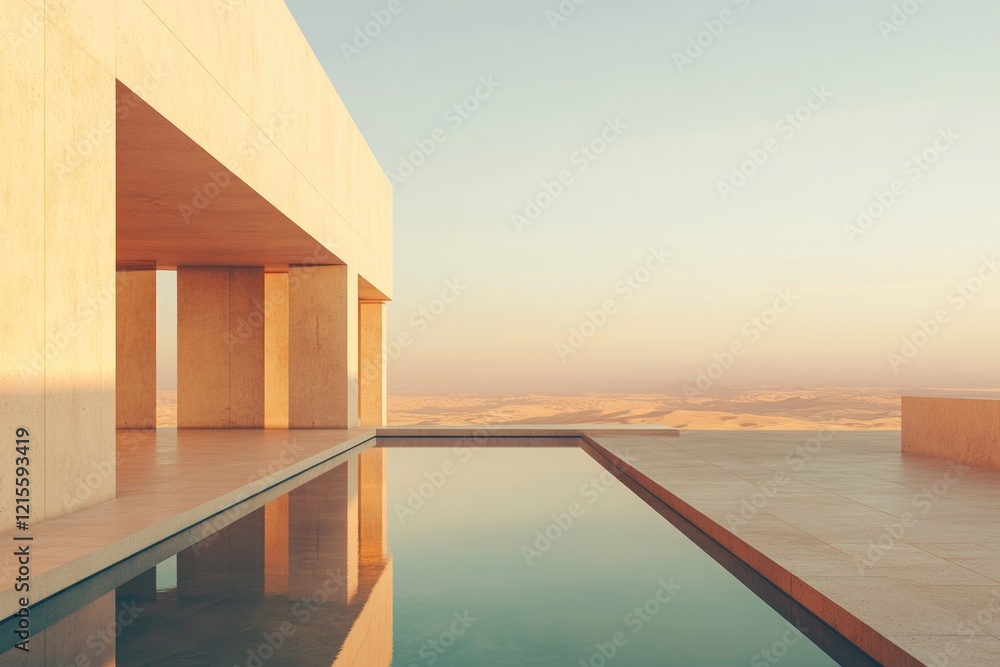Minimalist desert architecture with infinity pool reflecting building's ...