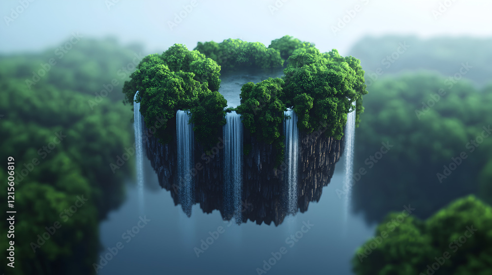 Floating Island with Lush Trees and Cascading Waterfalls in Nature ...