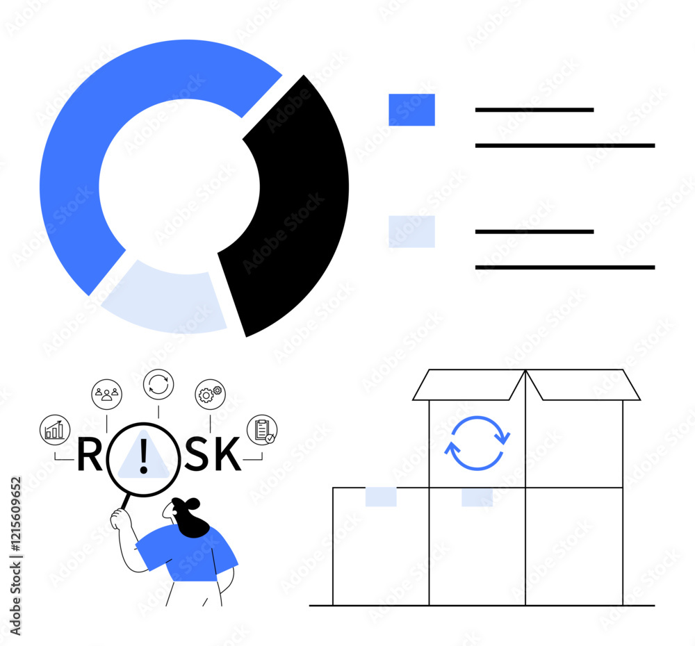Pie chart with labels, woman analyzing risk with icons, stacked boxes ...