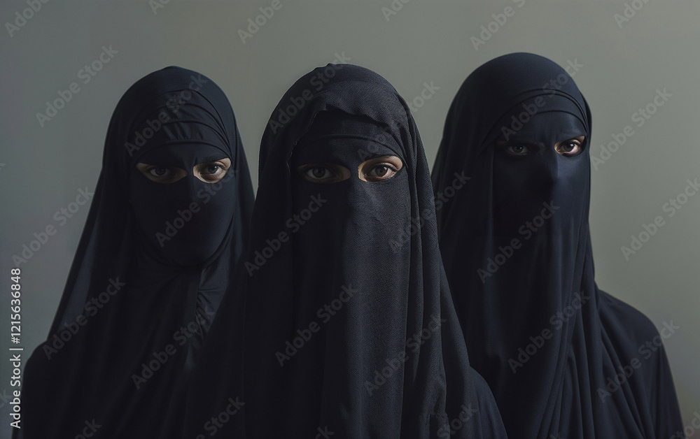 Three women in full black niqab covering their faces, standing together ...